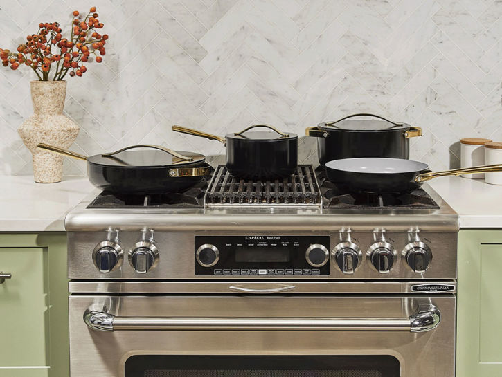 Caraway Non-Toxic and Non-Stick Cookware Set in Black with Gold Handle ...