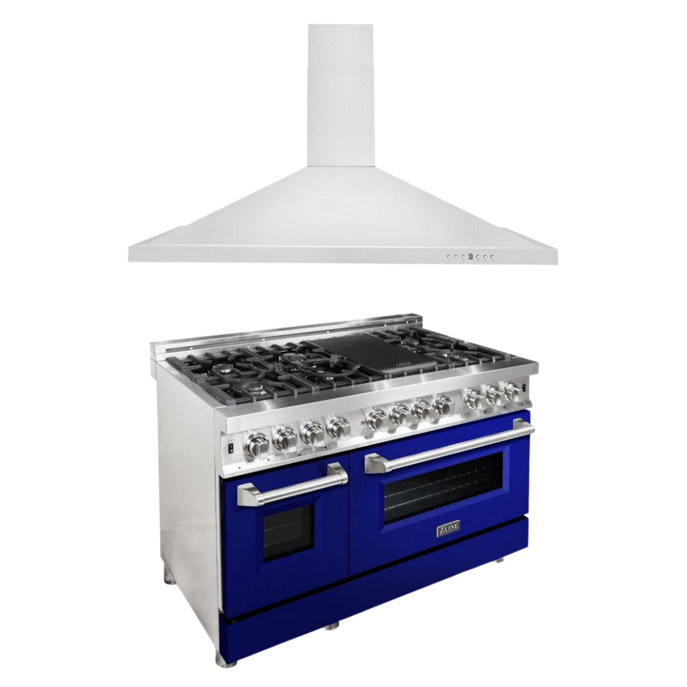 ZLINE 48 in. Dual Fuel Range with Blue Gloss Door & 48 in. Range Hood ...