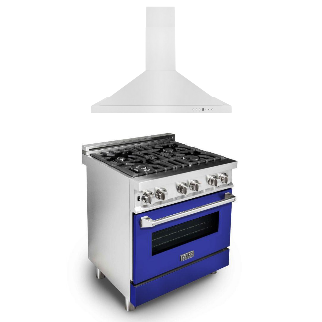 ZLINE 30 in. Dual Fuel Range with Blue Matte Door & 30 in. Range Hood ...