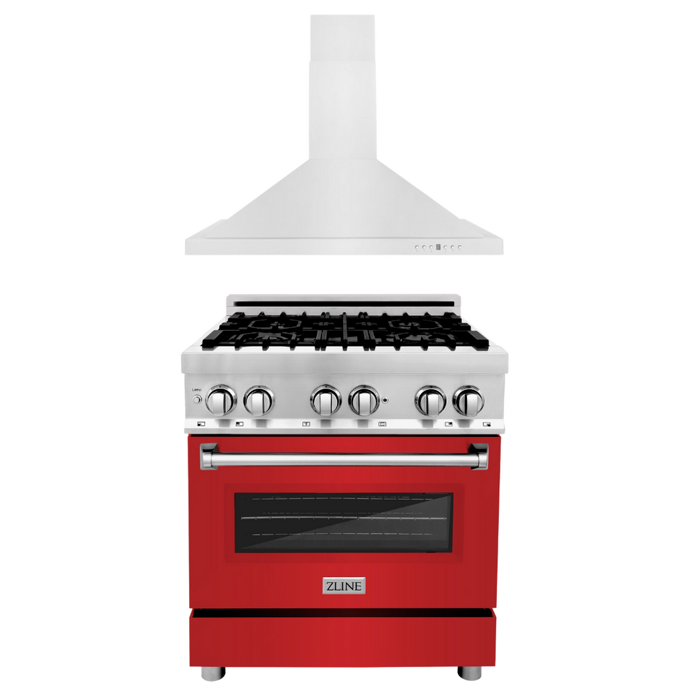 ZLINE 30 in. Dual Fuel Range with Red Matte Door & 30 in. Range Hood A