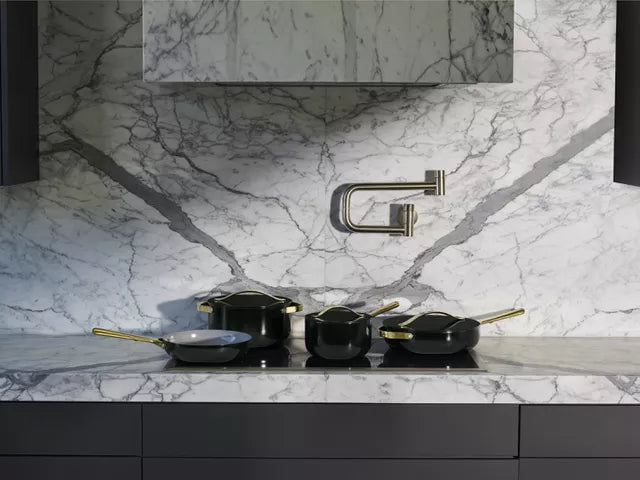 Caraway Non-Toxic and Non-Stick Cookware Set in Black with Gold Handle ...