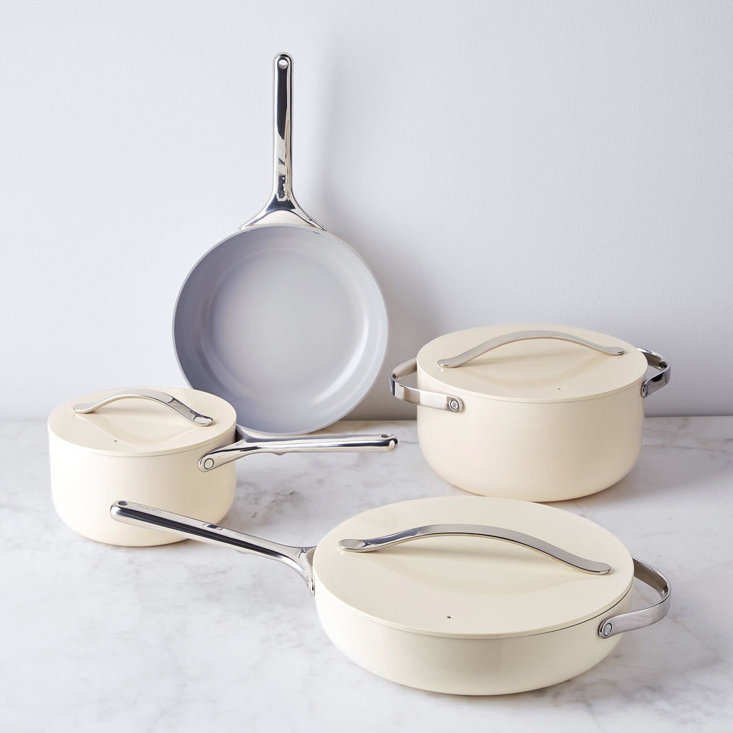 Caraway Non-Toxic and Non-Stick Cookware Set in White with Gold Handle