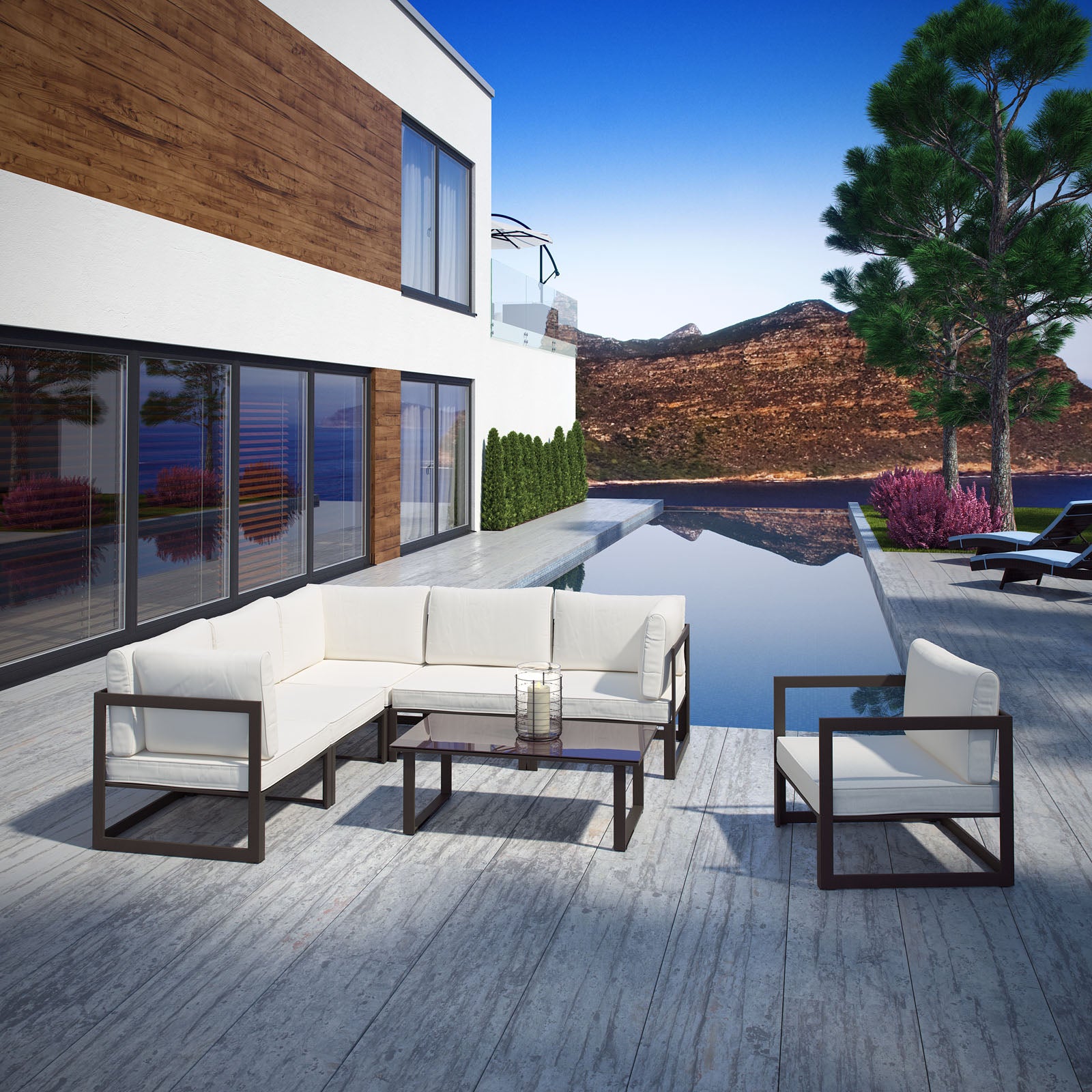 Fortuna 7 Piece Outdoor Patio Sectional Sofa Set in Brown White, EEI-1 ...