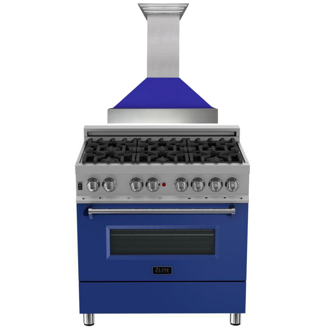 ZLINE 36" Dual Fuel Range with Blue Matte Door & 36" Range Hood Applia ...