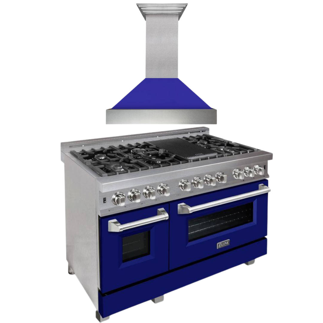ZLINE 48 in. Dual Fuel Range with Blue Matte Door & 48 in. Range Hood ...