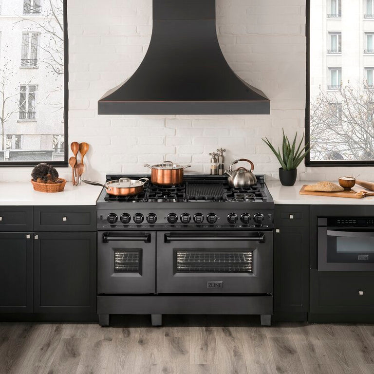 ZLINE 48 In. Dual Fuel Range in Black Stainless Steel & 48" Range Hood ...