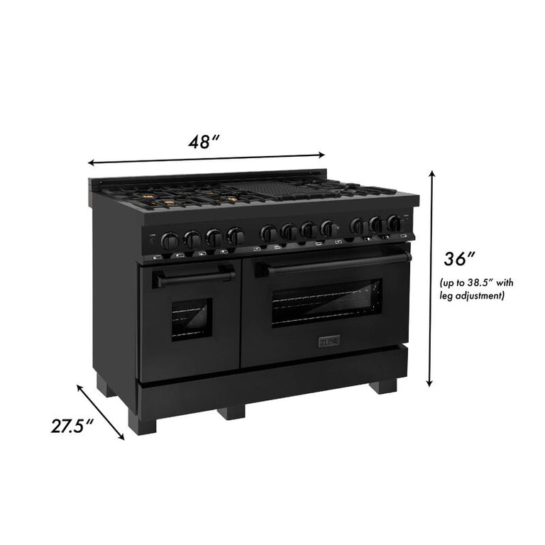 ZLINE 48 In. Dual Fuel Range in Black Stainless Steel & 48" Range Hood ...