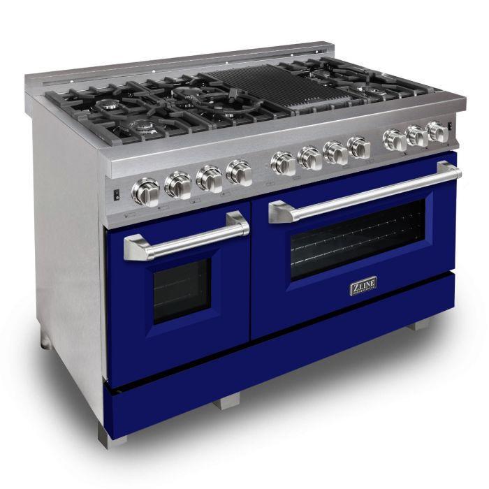 ZLINE 48 in. Dual Fuel Range with Blue Matte Door & 48 in. Range Hood ...